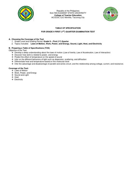 Table Of Specification Final Pdf Newton S Laws Of Motion Physics