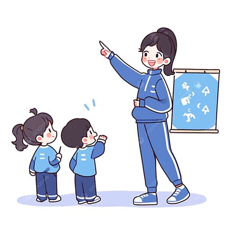 수업 시간에 학생들을 가르치는 여성 교사 손으로 그린 요소 체육 여교사 수업시간에 학생들을 가르치다 Png 일러스트 및