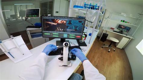 Fpv Of Biotechnology Scientist Researching In Laboratory Using