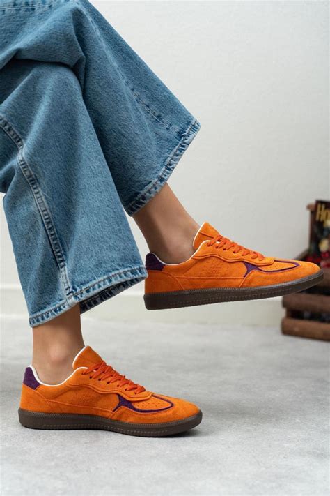 Flex07 Turuncu Süet Arka Lila Detay Düz Taban Bağcıklı Kadın Spor Ayakkabı