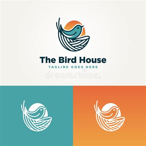 Minimalist Unique Bird House With Sun Line Art Label Logo Vector
