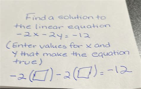 Solved Find A Solution To The Linear Equation 2x 2y 12 Entervalues For X And Y That Make The