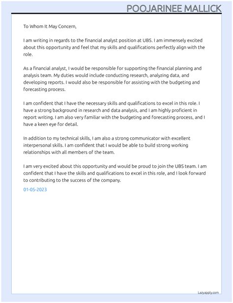 Cover Letter For Ubs Lazyapply