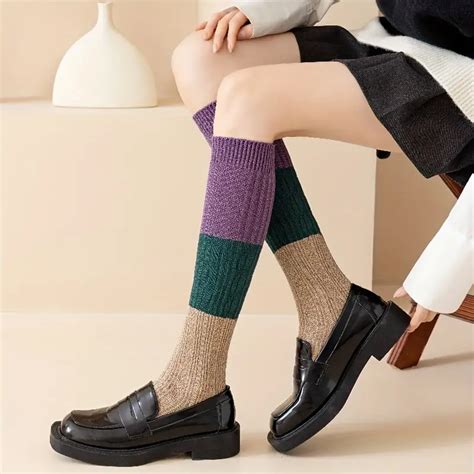 Colorblock Calf Socks College Style Match Knee High Socks Temu Australia