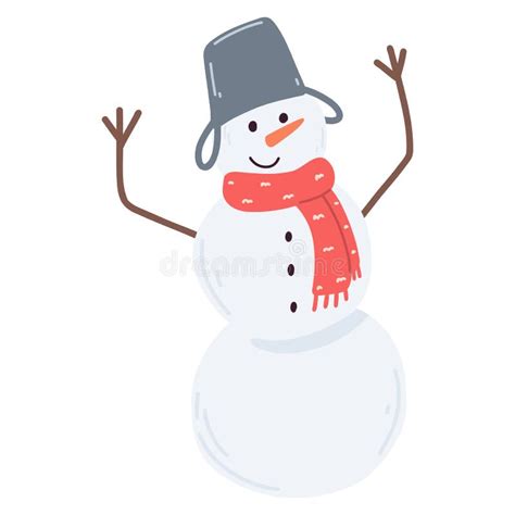 Happy Snowman Wearing Hat And Scarf In Cartoon Hand Drawn Style Vector
