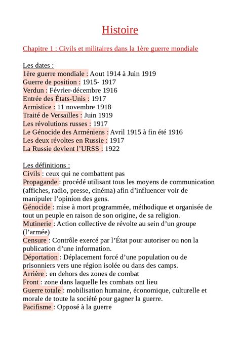 Civils Et Militaires Dans La 1ère Guerre Mondiale Notes Histoire