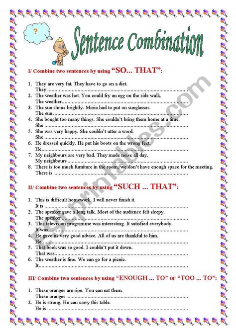 Sentence Combination Esl Worksheet By Mingoan248