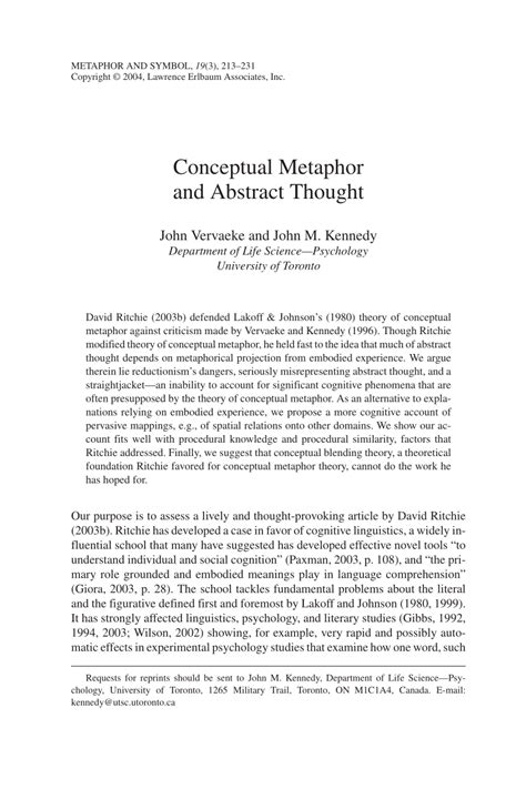 Pdf Vervaeke J And Kennedy J M 2004 Conceptual Metaphor And Abstract Thought Metaphor