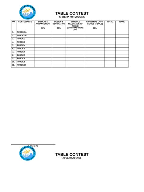 Table Contest Criteria For Judging And Tabulation Sheet Pdf