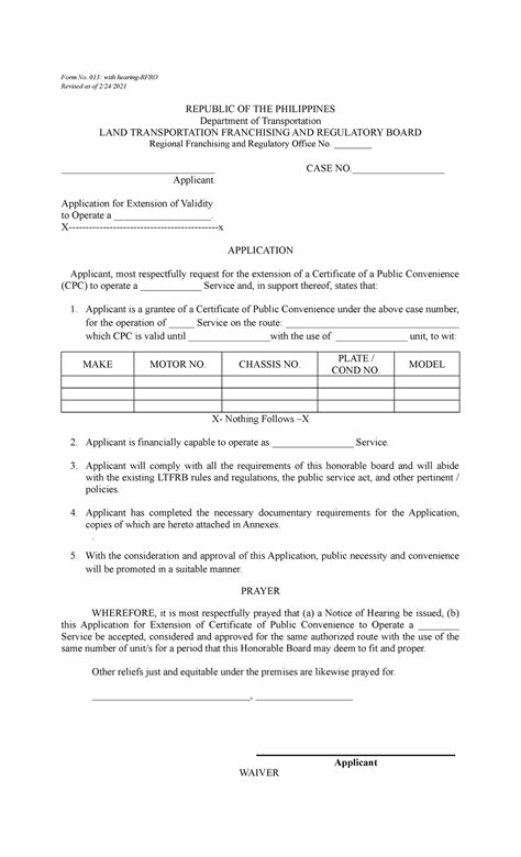 Rfro Application Extension Of Validity Form No 013 With Hearing Rfro Revised As Of 2 24
