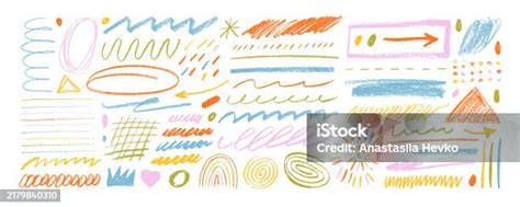 다채로운 낙서 크레용 그림 어린이 분필 얼룩 구불구불한 선 및 밑줄 낙서 거친 획 벡터 세트 형광펜에 대한 스톡 벡터 아트 및 기타 이미지 Istock