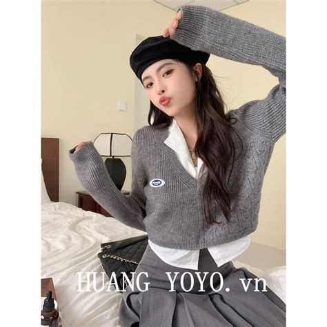 HUANG YOYO Áo croptop 2023 Áo Len Tay Dài Cổ V Thời Trang Dành Cho Nữ Shopee Việt Nam
