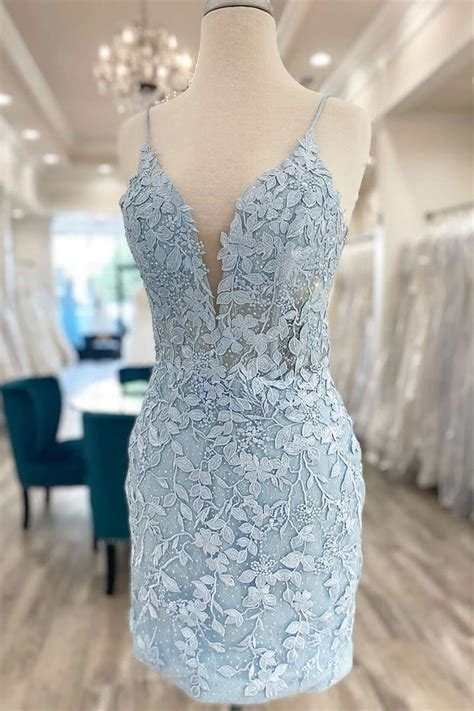 Spaghetti Straps V Neck Blue Homecoming Dress With Appliques Vb516