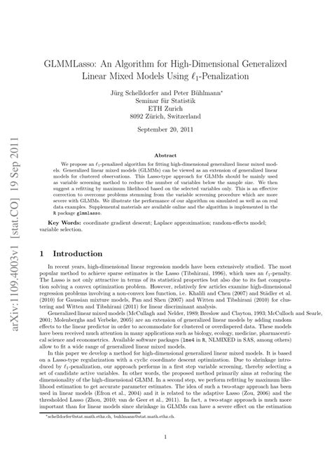 Pdf Glmmlasso An Algorithm For High Dimensional Generalized Linear