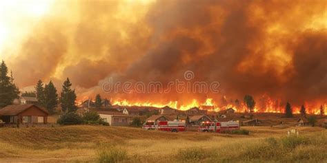 Intense Wildfire Spreading Through Residential Area With Fire Trucks Battling Blaze Stock Image