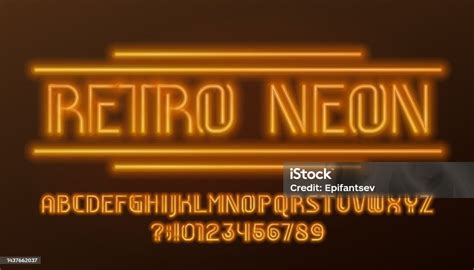 Font Alfabet Neon Retro Art Deco Huruf Dan Angka Neon Ilustrasi Stok