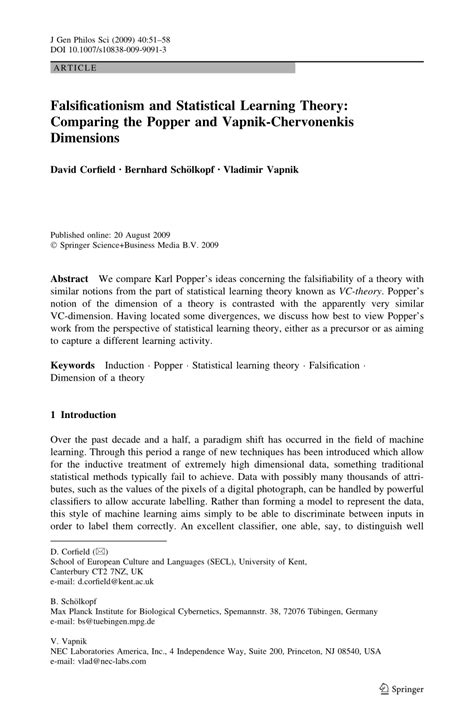 Pdf Falsificationism And Statistical Learning Theory Comparing The Popper And Vapnik