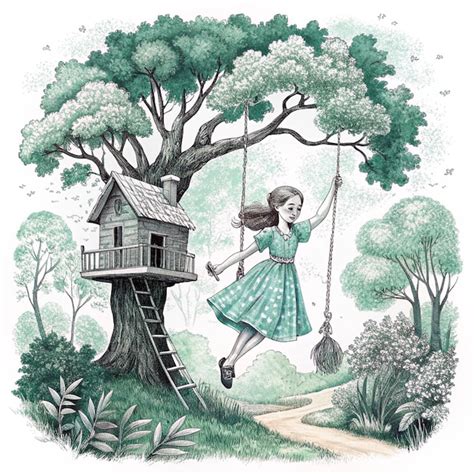 A Drawing Of A Girl Swinging On A Swing With A Tree In The Background