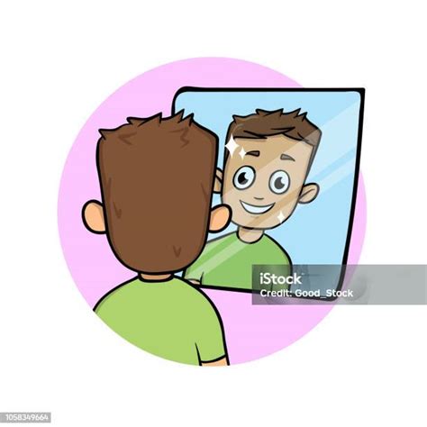 젊은 남자는 거울에 자신의 반사를 보고 웃 고 평면 벡터 일러스트입니다 흰색 배경에 고립 가정 생활에 대한 스톡 벡터 아트 및 기타 이미지 Istock