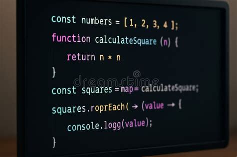 Javascript Code Displaying Array Manipulation And Square Calculation Functions Stock Image