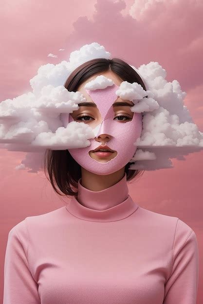 premium photo woman with face covered by clouds on pink background