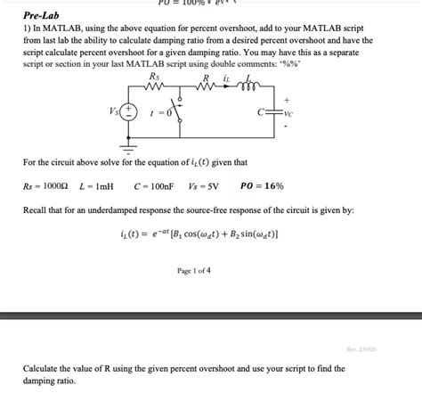 Pre Lab 1 In Matlab Using The Above Equation For Percent Overshoot