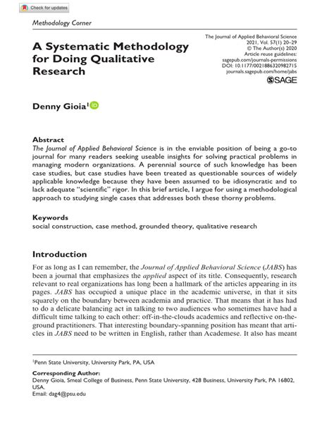 Gioia 2020 A Systematic Methodology For Doing Qualitative Research Download Free Pdf Theory