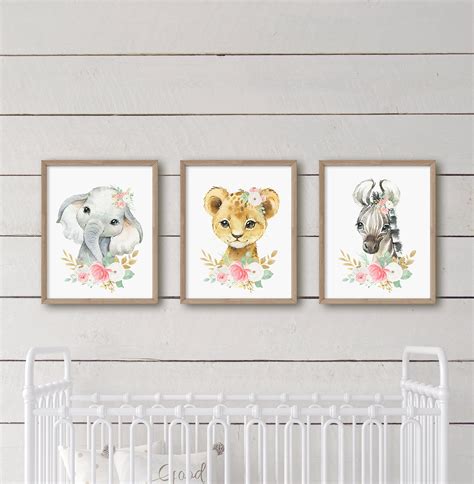 Set Of 3 Safari Animal Prints Nursery Wall Decor Watercolor Etsy