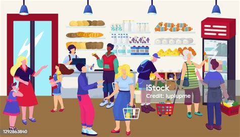 음식 벡터 일러스트레이션으로 저장합니다 식료품에서 여성 남자 고객 사람들 캐릭터 슈퍼마켓은 카트와 소매 구매를합니다 계산원에 대한 스톡 벡터 아트 및 기타 이미지 Istock