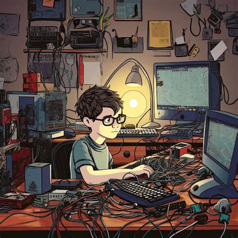 Illustration Of A Boy Working At A Computer In The Office Nerdy Boy Is