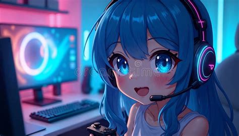 Cute Anime Girl Gamer Streaming With Headset And Controller Stock