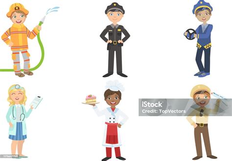 다양한 직업 세트의 귀여운 소년과 소녀 소방관 경찰관 택시 운전사 의사 요리사 파일럿 벡터 일러스트 경찰관에 대한 스톡 벡터 아트 및 기타 이미지 Istock