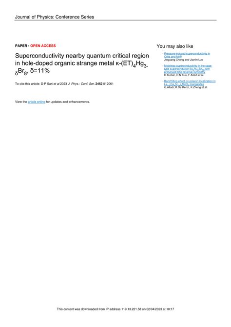Pdf Superconductivity Nearby Quantum Critical Region In Hole Doped Organic Strange Metal κ Et