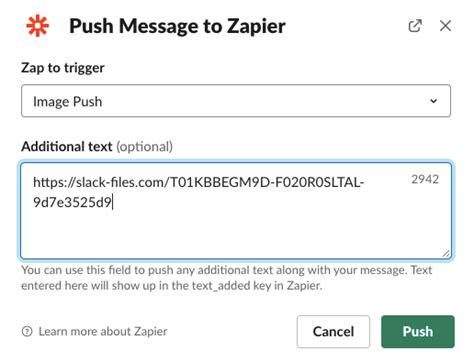 how to include image attachment using push to zapier in slack zapier