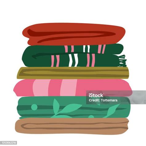 일반적인 혼합 일치 수건의 벡터 그림은 레이어에 평평하게 접혀 더미에 일반 목욕 수건 빨래에 대한 스톡 벡터 아트 및 기타