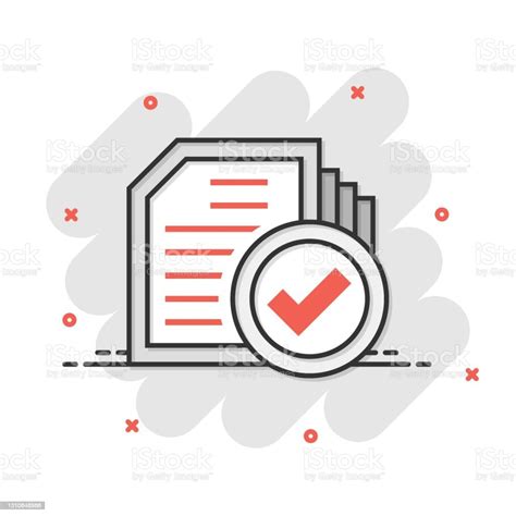 코믹 스타일의 컴플라이언스 문서 아이콘 흰색 격리 된 배경에 승인 된 프로세스 벡터 만화 그림입니다 체크 마크 비즈니스 컨셉 스플래시 효과 개발에 대한 스톡 벡터 아트 및