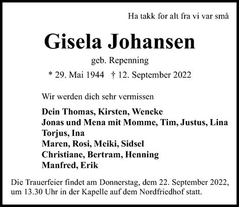 Traueranzeigen Von Gisela Johansen Trauer Anzeigende