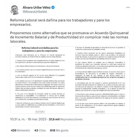 Álvaro Uribe criticó la reforma laboral de Gustavo Petro Es dañina y nos pone en la situación