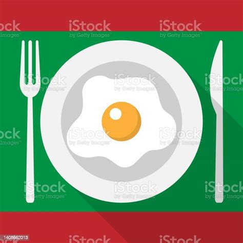 아침 식사 칼 붙이가있는 접시 오믈렛 녹색 식탁보 빨간색 배경 평면 스타일 벡터 광고에 대한 스톡 벡터 아트 및 기타 이미지