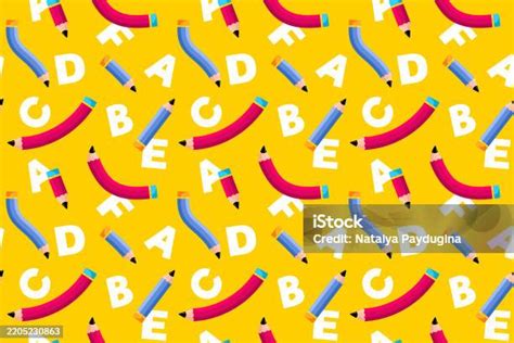 학교 연필 완벽 한 패턴에 고립 된 노란색 배경 인쇄 커버 벽지 포장 구조 직물 가을 이브 견본 벡터 일러스트 레이 션 9월에 대한 스톡 벡터 아트 및 기타 이미지 Istock
