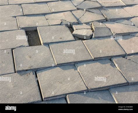 Fractured Terrain The Chaos Of A Dismantled Concrete Tile Floor Stock