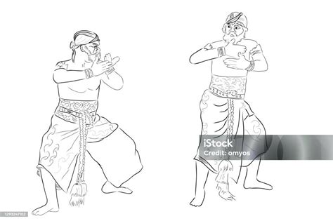 심플한 벡터 핸드 드로우 스케치와 검은 윤곽 은 흰색에 고립 된 Ponorogo 동자바 인도네시아에서 전통 춤을 Reog 관광에