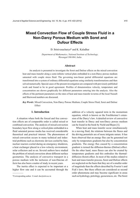 Pdf Mixed Convection Flow Of Couple Stress Fluid In A Non Darcy Porous Medium With Soret And