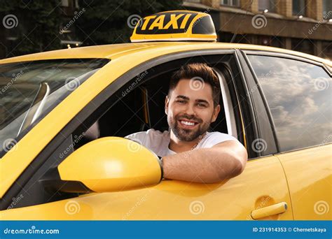 Handsome Taxi Driver In Car On City Street Stock Image Image Of