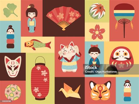 일본 장난감 아시아 문화 요소 미니 배너는 국가 항목 행운의 상징 고케시 인형 마네키 고양이와 마스크 종이 접기 크레인 또는 어린이 전통 공 벡터 카드 세트 공예에 대한