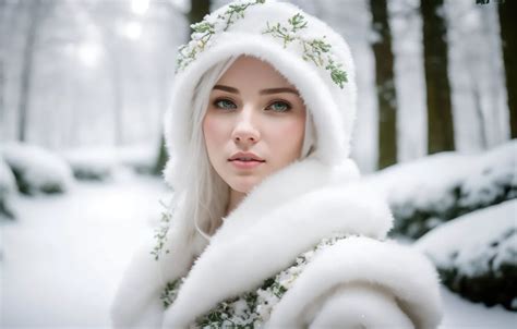 Wallpaper Girl Fantasy Green Eyes Nature Art Winter Snow Fantasy