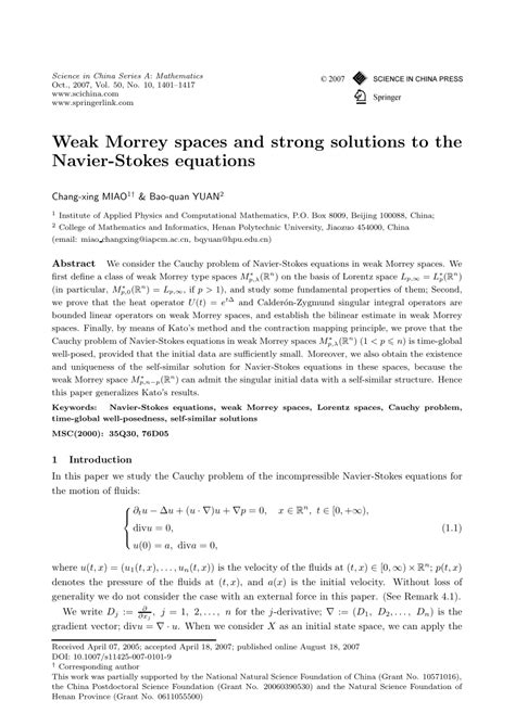 Pdf Weak Morrey Spaces And Strong Solutions To The Navier Stokes Equations