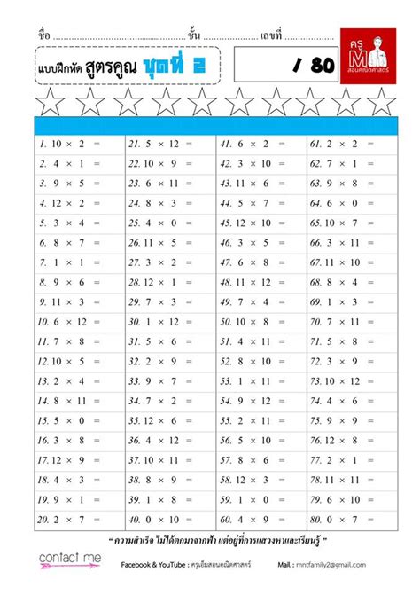 แบบฝึกหัดสูตรคูณ 10 ชุด ชุดละ 80 ครูเอ็มสอนคณิตศาสตร์
