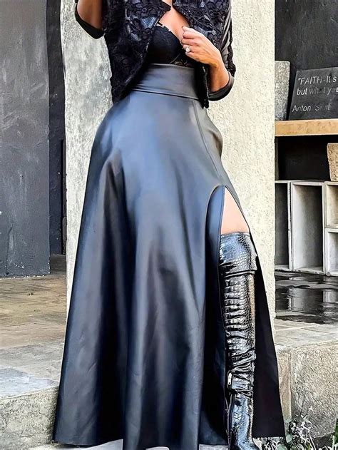 Shein Unity Long High Slit Pu Leather Skirt Trendy Eg