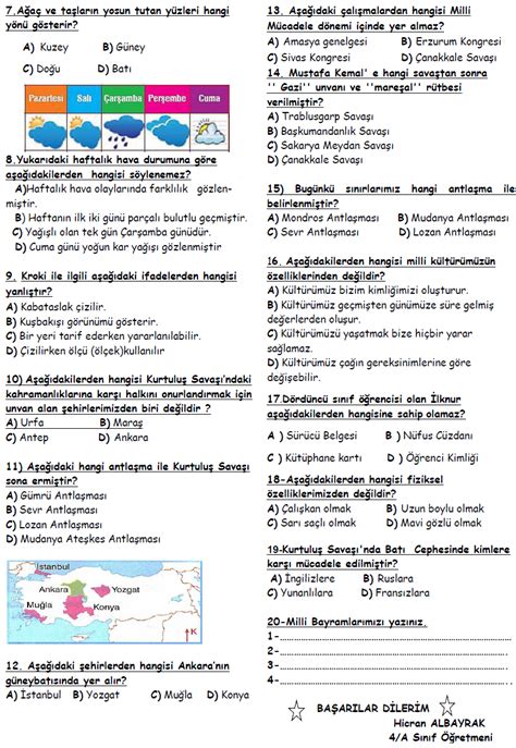 4 Sınıf Sosyal Bilgiler 1 Dönem 2 Yazılı Soruları 2015 2016 Online